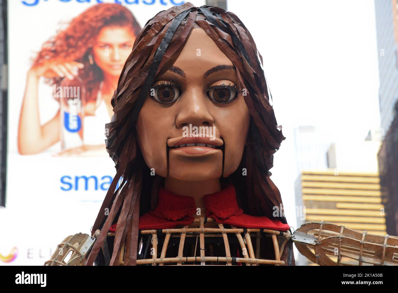 Little Amal arrives in Times Square, New York City. Little Amal, Syrian ...