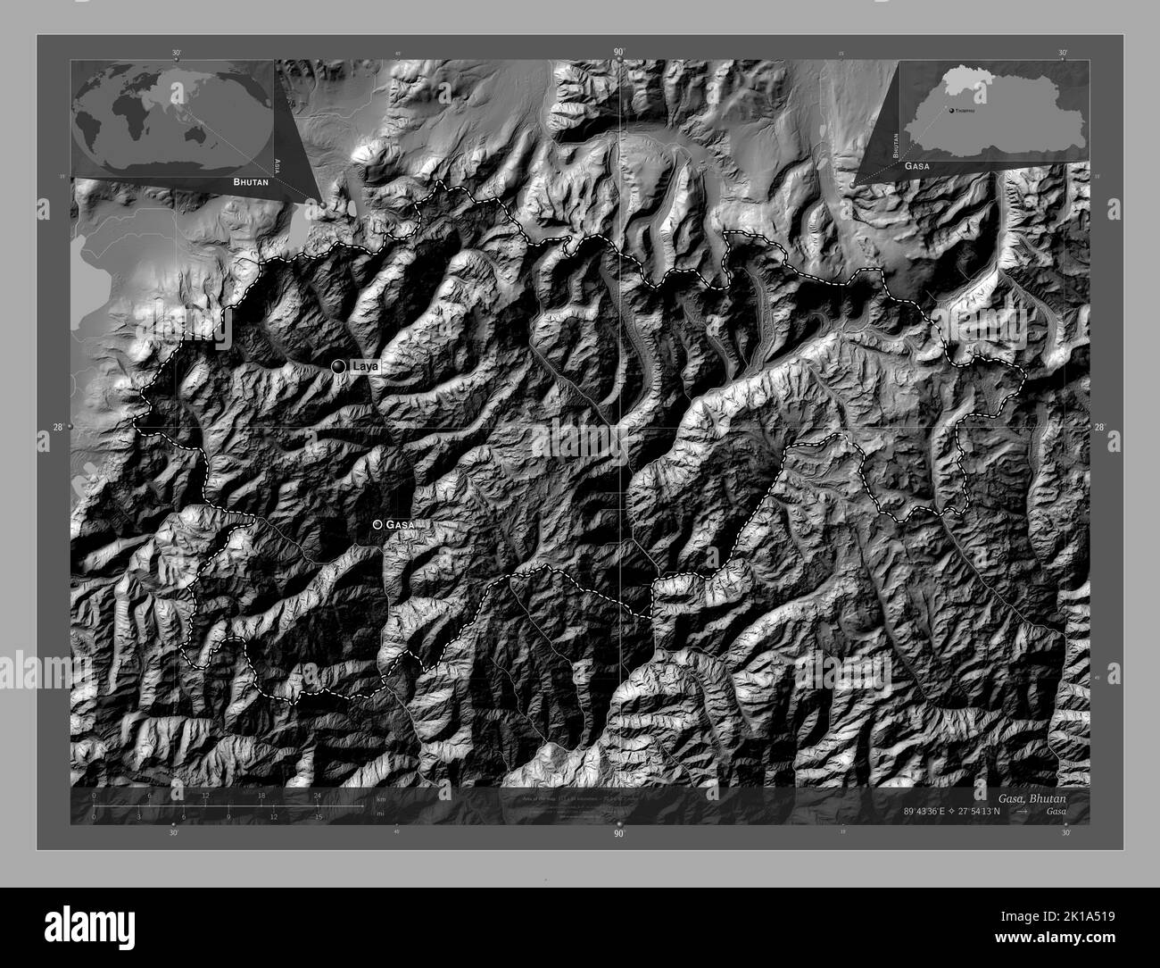 Gasa, district of Bhutan. Bilevel elevation map with lakes and rivers ...