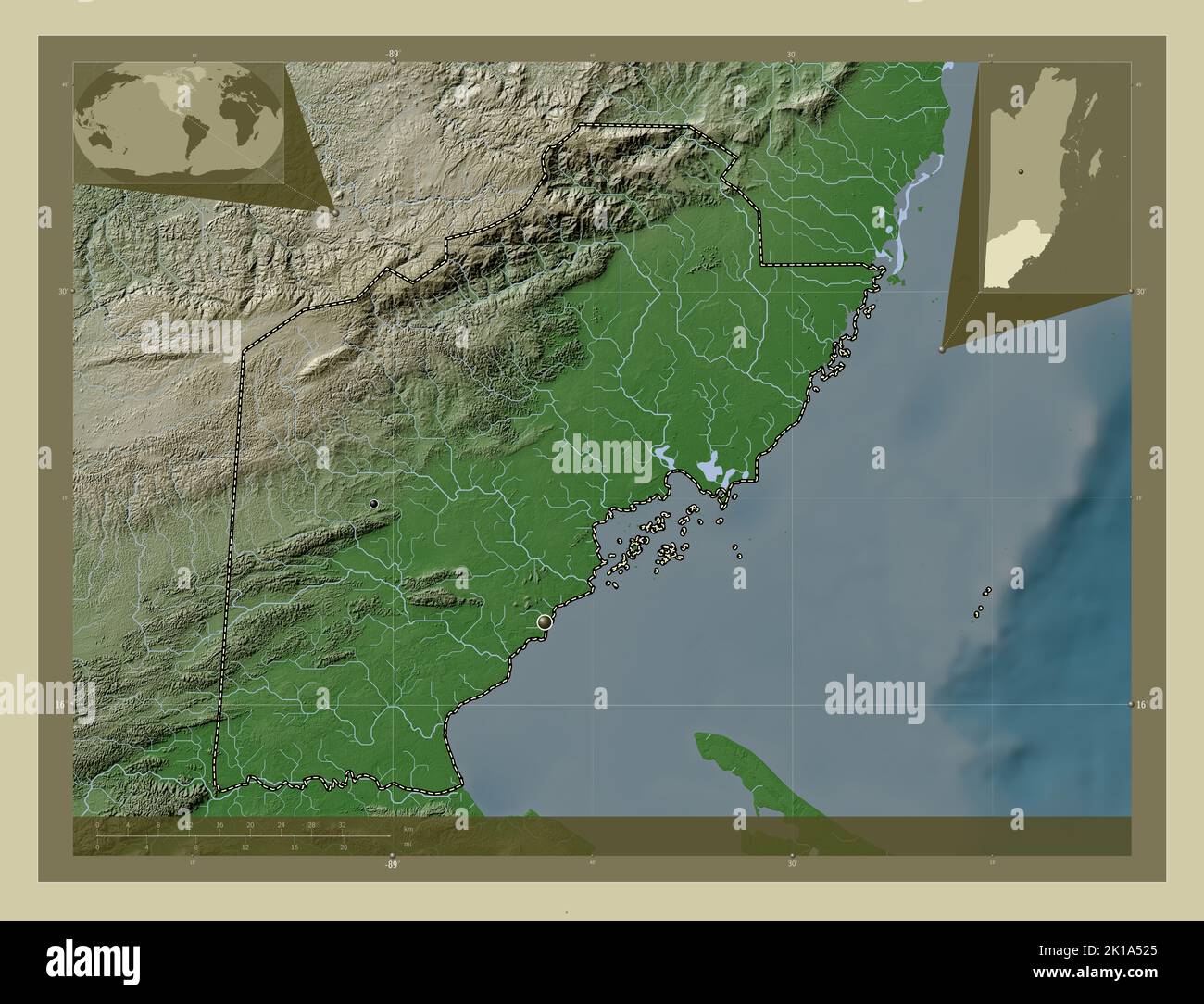 Toledo, district of Belize. Elevation map colored in wiki style with lakes and rivers. Locations ...