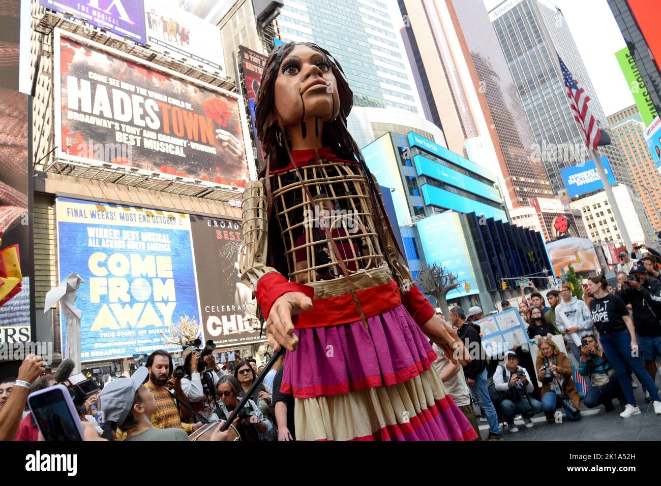 Little Amal arrives in Times Square, New York City. Little Amal, Syrian ...
