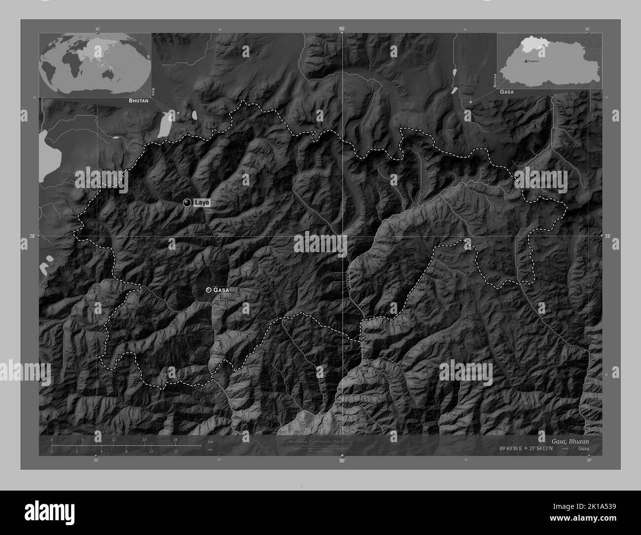 Gasa, district of Bhutan. Grayscale elevation map with lakes and rivers ...