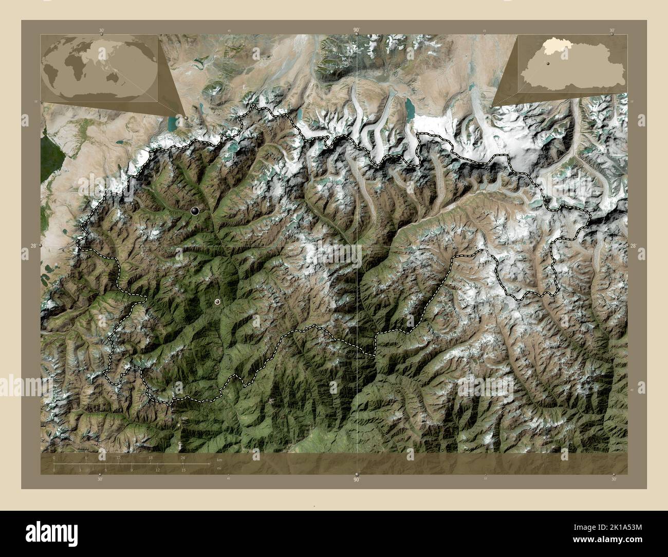 Gasa, district of Bhutan. High resolution satellite map. Locations of ...