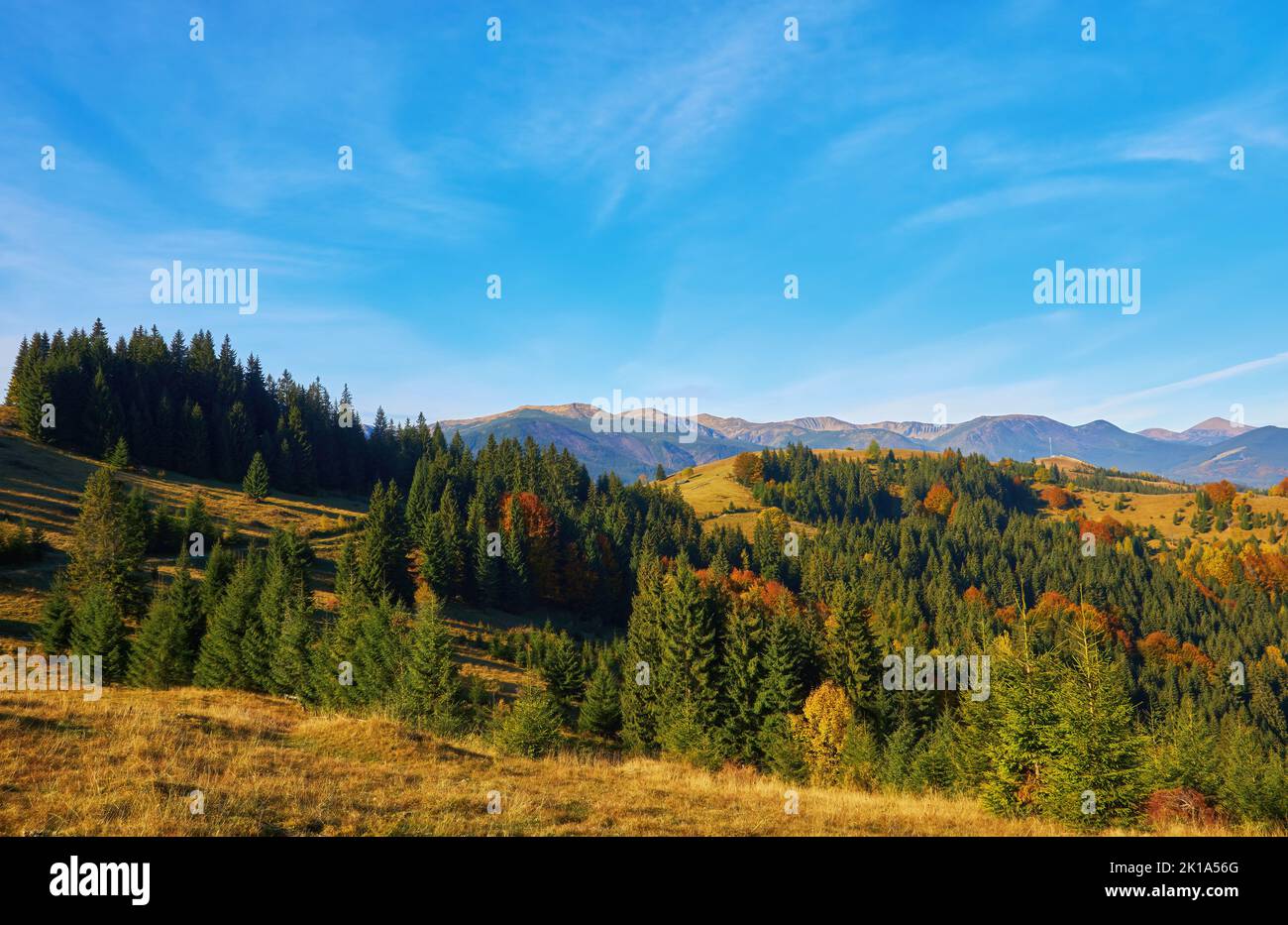 Colorful autumn landscape scene with fence in Transylvania mountain ...