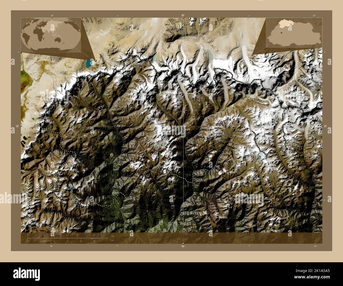 Gasa, district of Bhutan. Low resolution satellite map. Locations of ...
