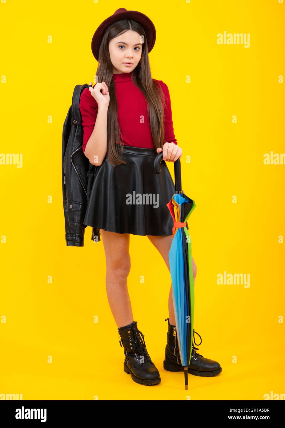 Autumn kids weather. Child teenager girl with umbrella in autumn black ...