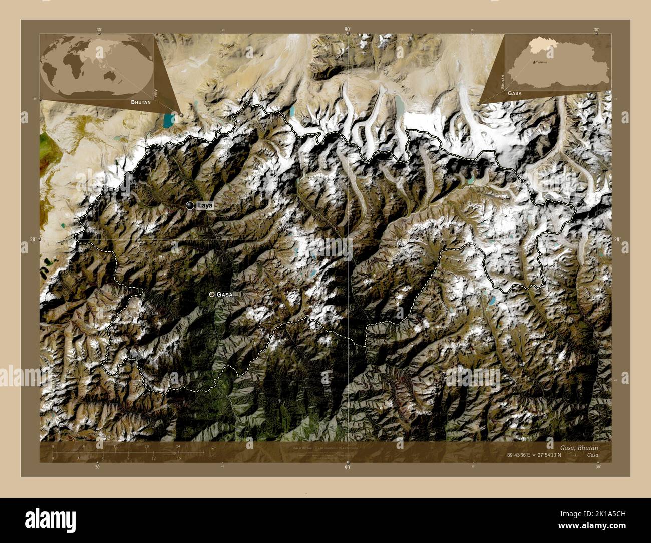 Gasa, district of Bhutan. Low resolution satellite map. Locations and ...