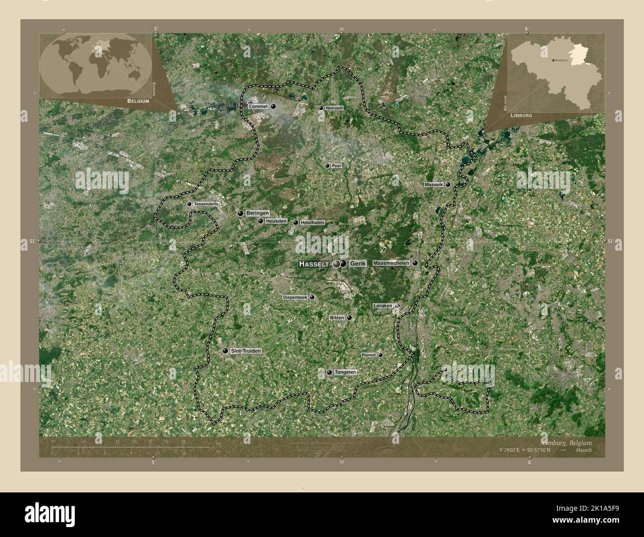 Limburg, province of Belgium. High resolution satellite map. Locations ...