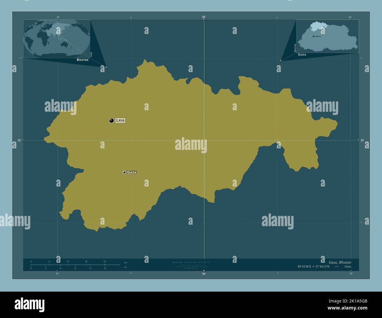 Gasa, district of Bhutan. Solid color shape. Locations and names of ...