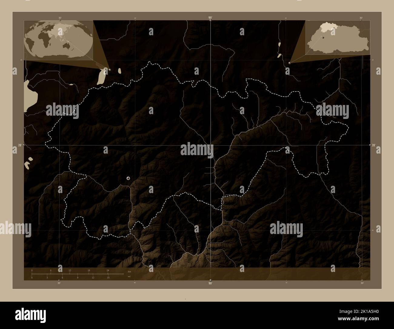Gasa, district of Bhutan. Elevation map colored in sepia tones with ...