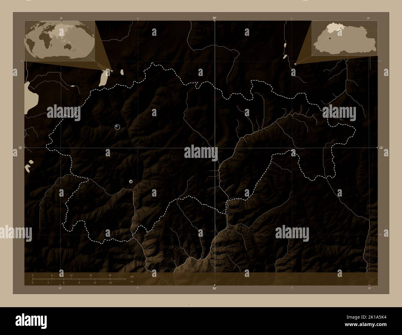 Gasa, district of Bhutan. Elevation map colored in sepia tones with ...