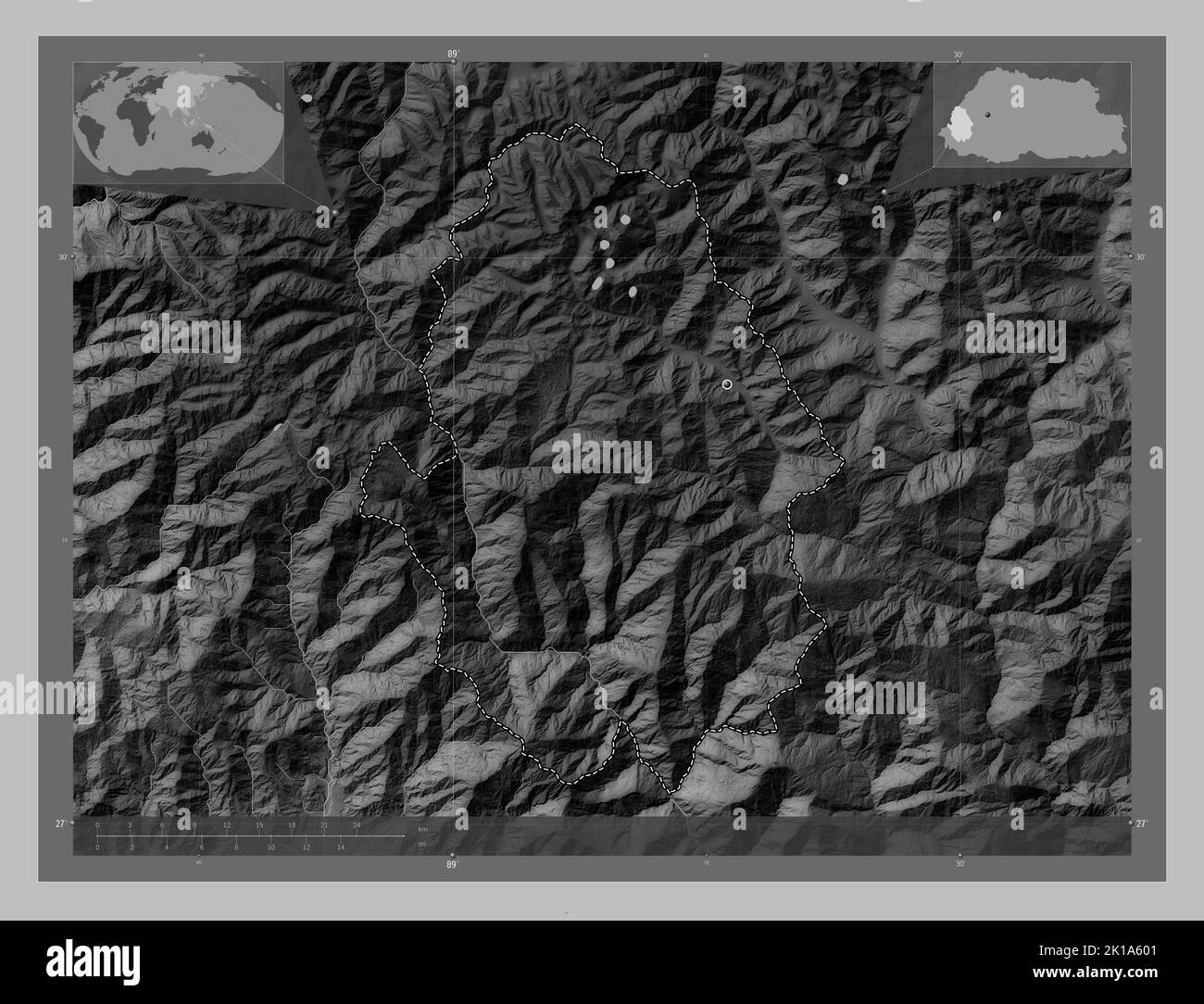 Haa, district of Bhutan. Grayscale elevation map with lakes and rivers. Corner auxiliary ...