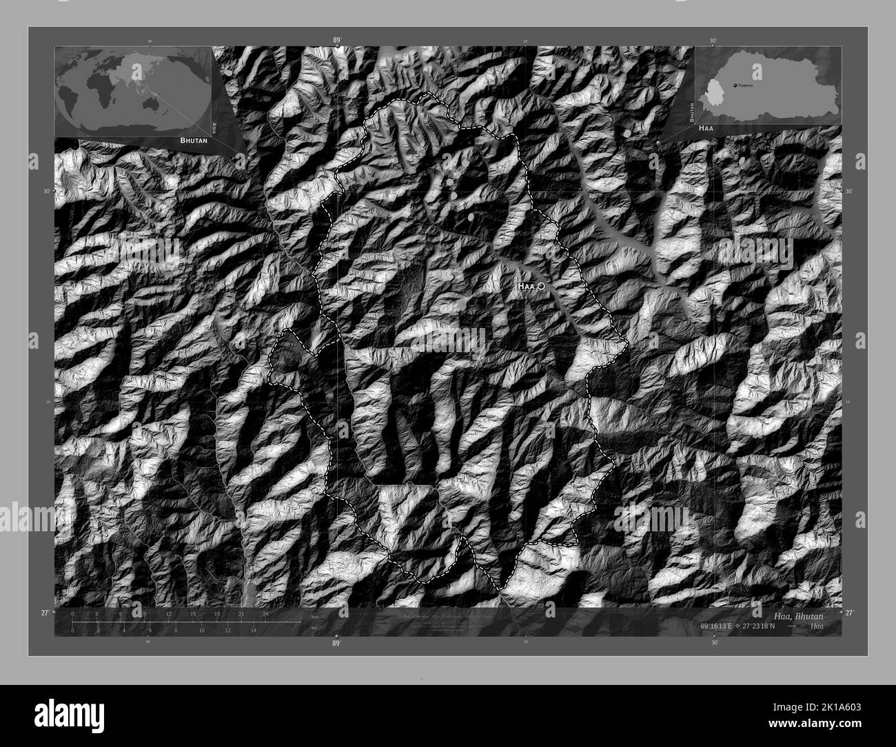 Haa, district of Bhutan. Bilevel elevation map with lakes and rivers ...