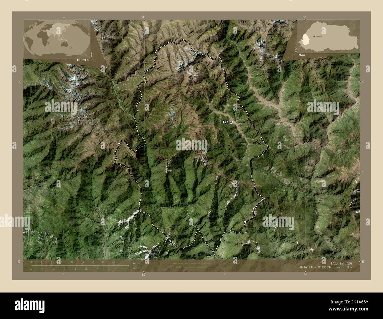 Haa, district of Bhutan. High resolution satellite map. Locations and ...