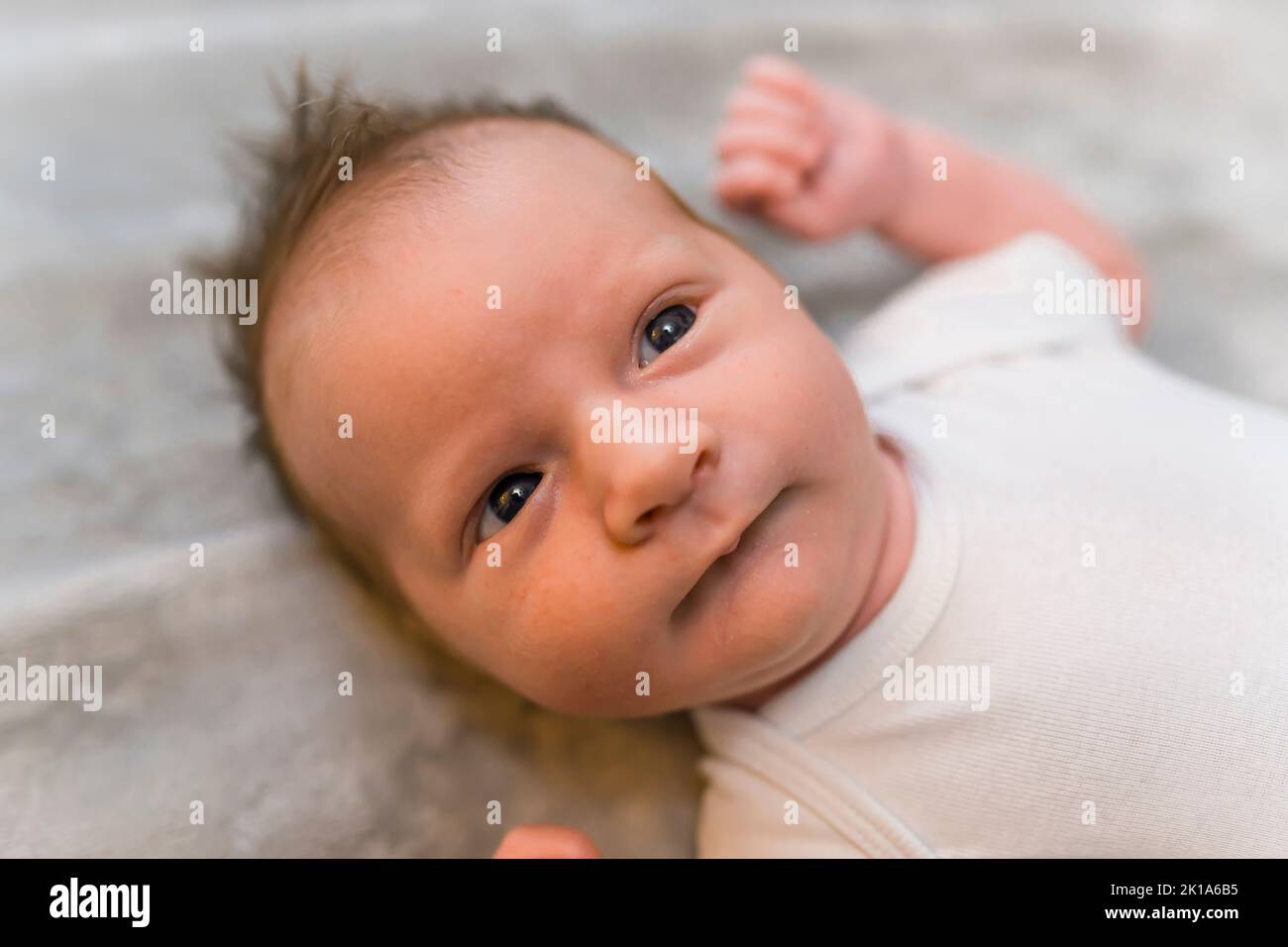 An infant baby boy with cute brown hair, laying on his back on a grey ...