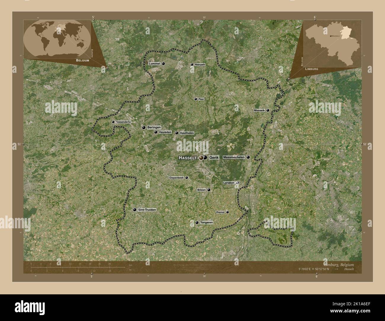 Limburg, province of Belgium. Low resolution satellite map. Locations ...