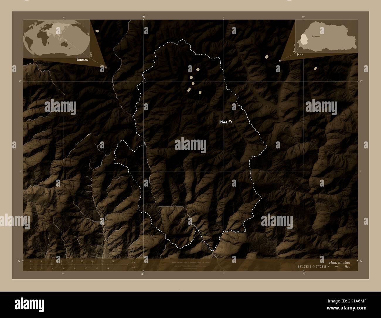 Haa, district of Bhutan. Elevation map colored in sepia tones with ...