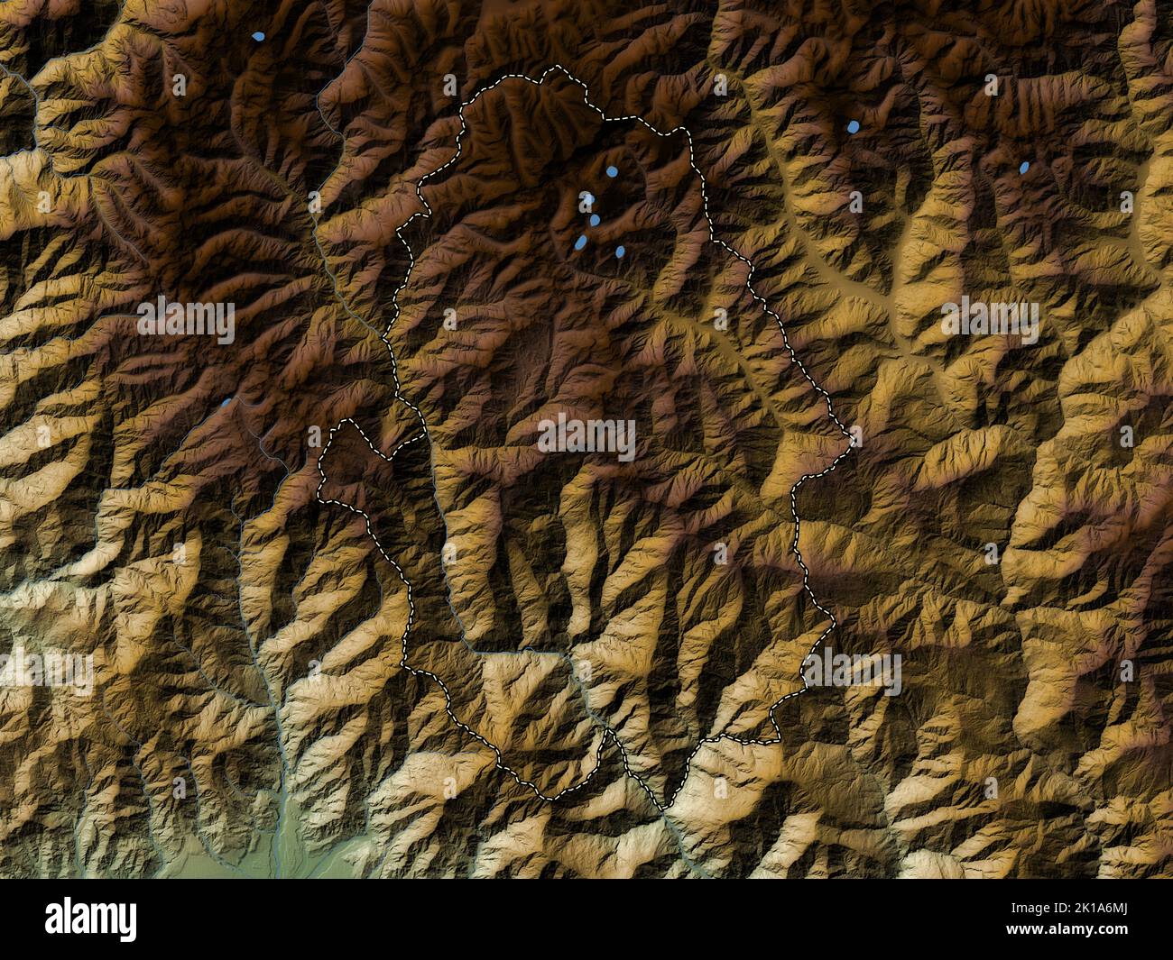 Haa, district of Bhutan. Colored elevation map with lakes and rivers ...