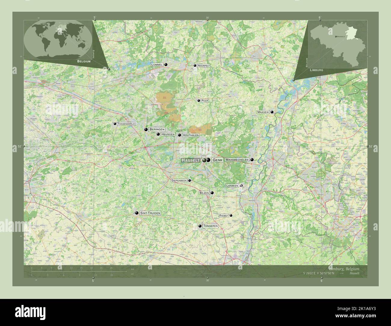 Limburg, province of Belgium. Open Street Map. Locations and names of ...