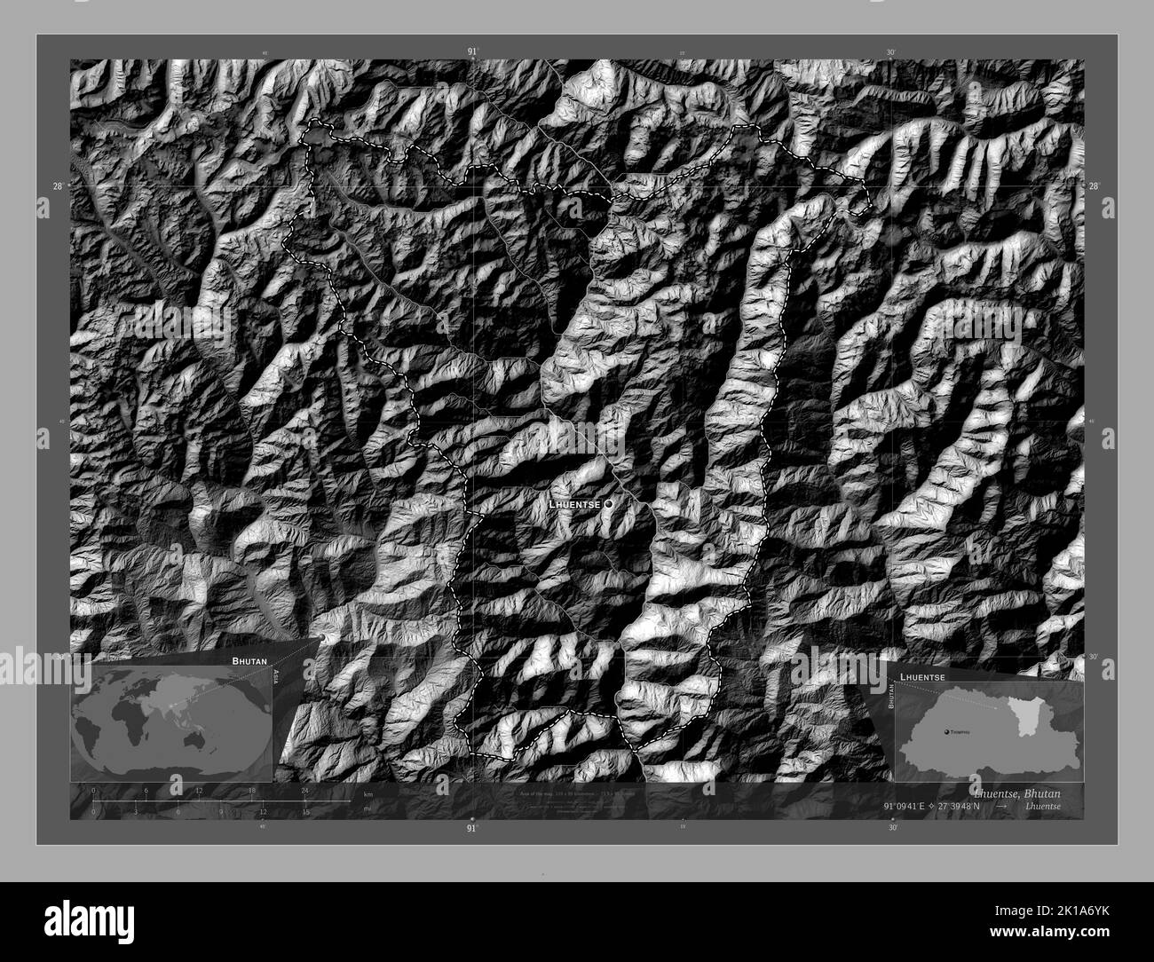 Lhuentse, district of Bhutan. Bilevel elevation map with lakes and ...