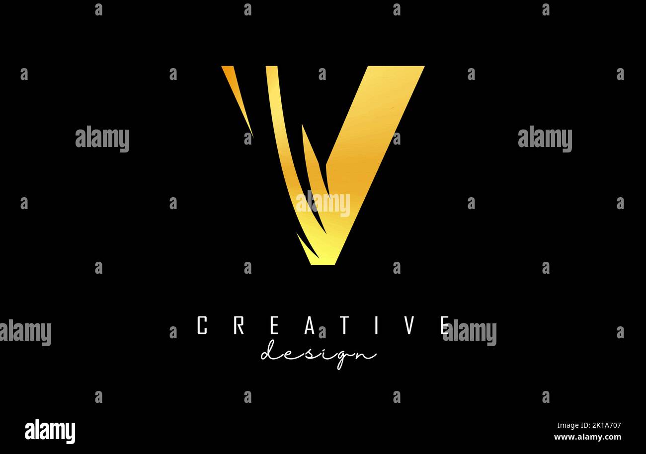 Golden letter V logo with leading lines and negative space design ...