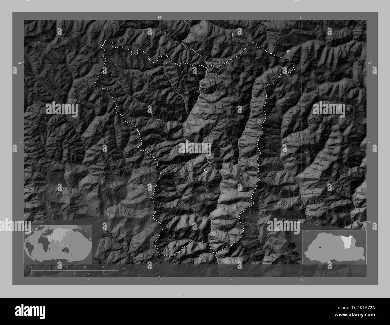 Lhuentse, district of Bhutan. Grayscale elevation map with lakes and rivers. Corner auxiliary ...
