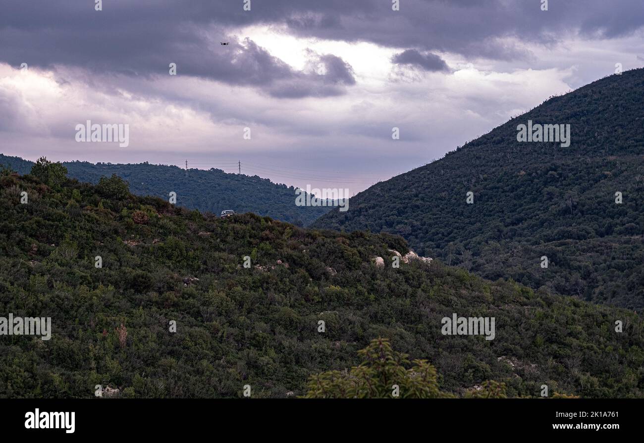 A thick forest and mountain landscape in the countyside under a gloomy ...