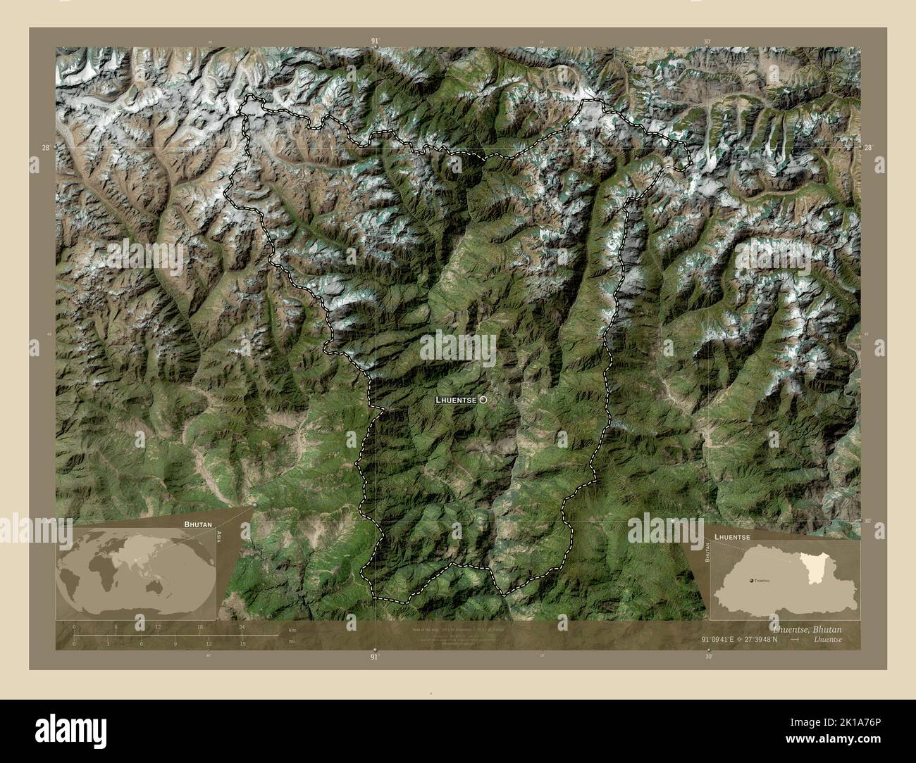 Lhuentse, district of Bhutan. High resolution satellite map. Locations ...