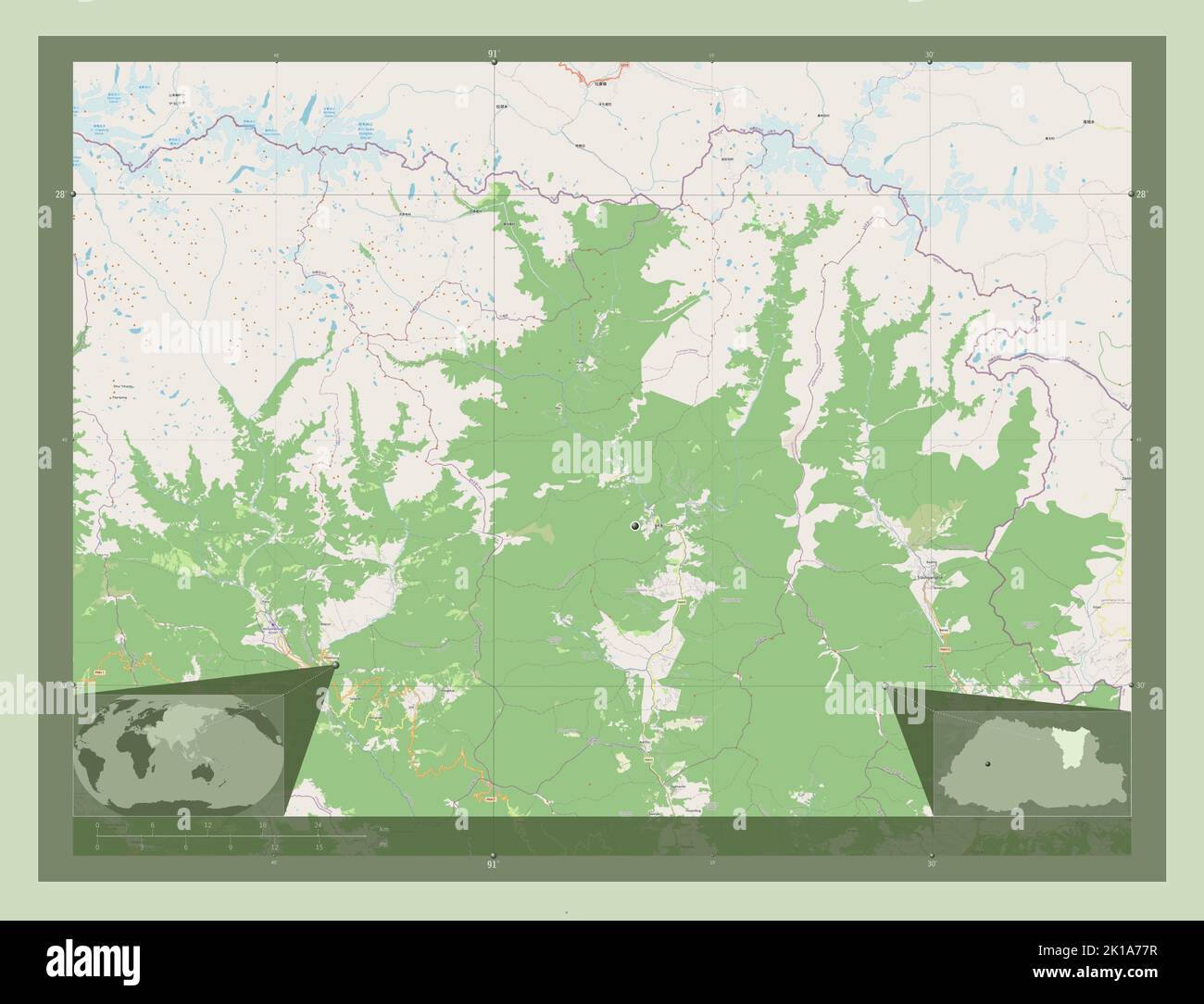 Lhuentse, district of Bhutan. Open Street Map. Locations of major ...