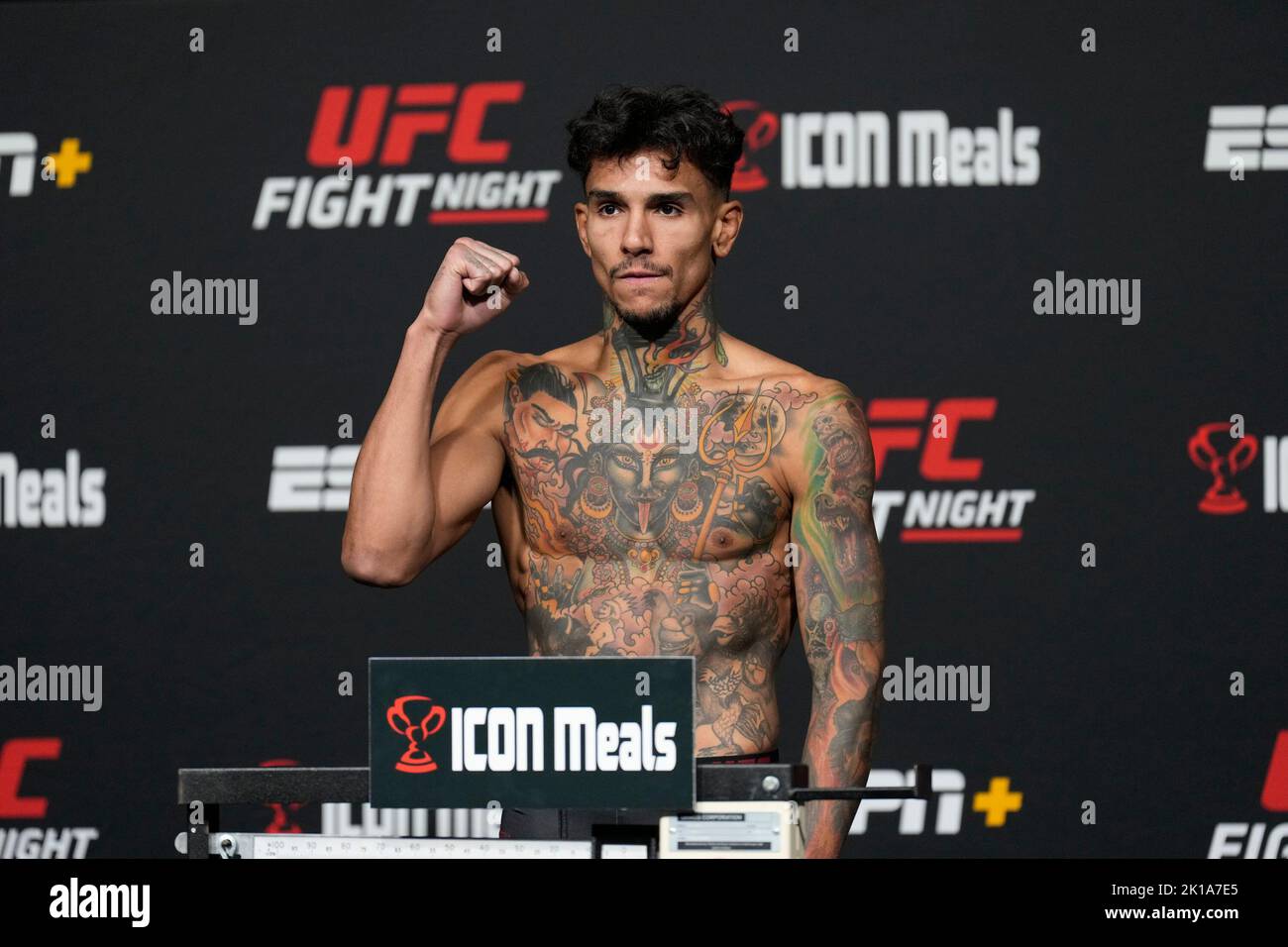 LAS VEGAS, NV - SEPTEMBER 16: Andre Fili steps on the scale for the ...