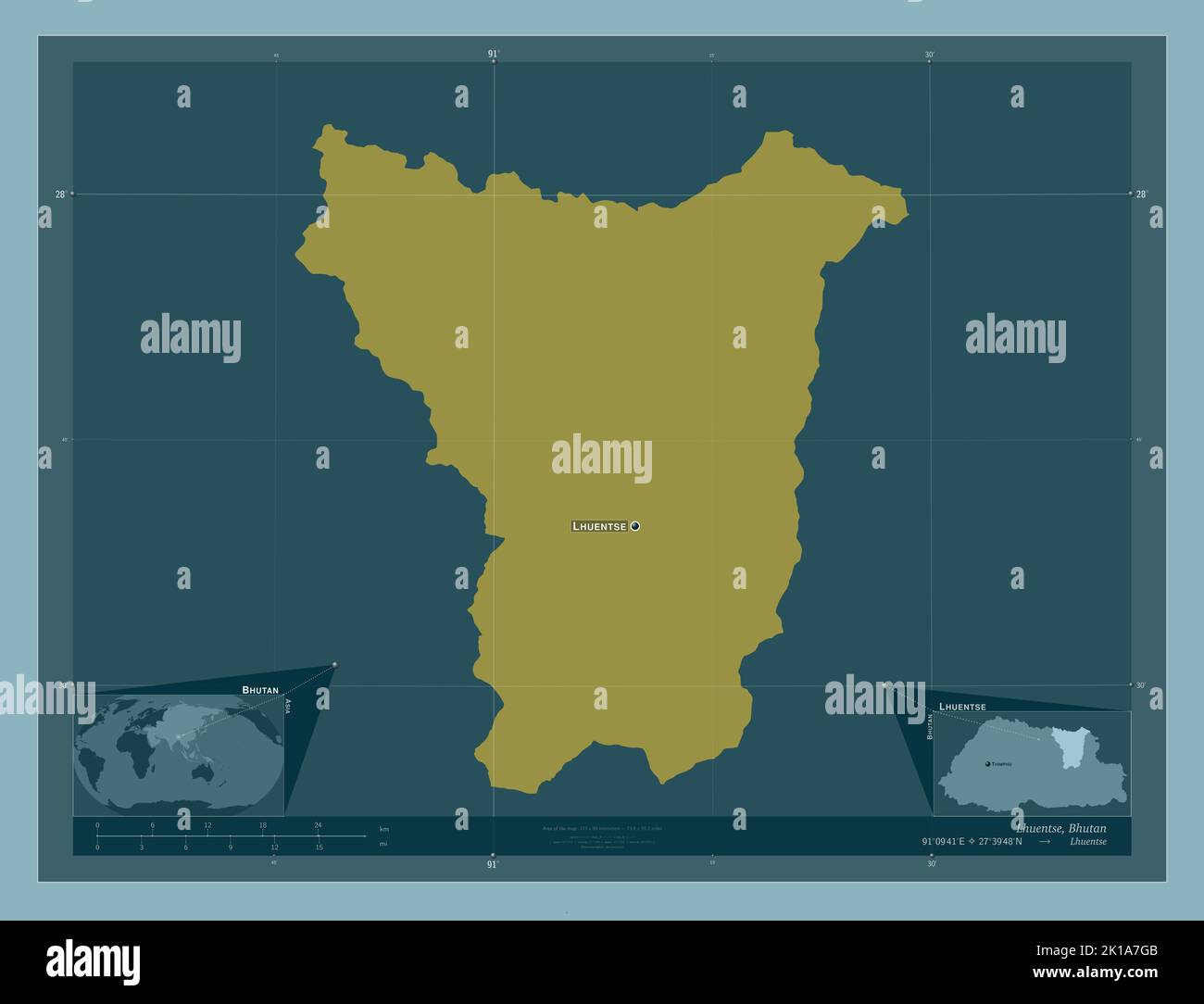 Lhuentse, district of Bhutan. Solid color shape. Locations and names of ...