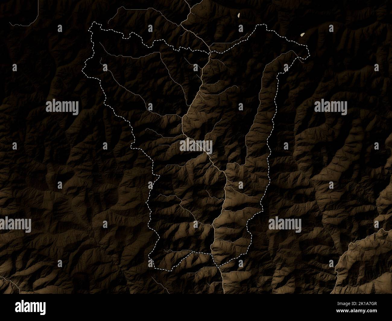 Lhuentse, district of Bhutan. Elevation map colored in sepia tones with ...