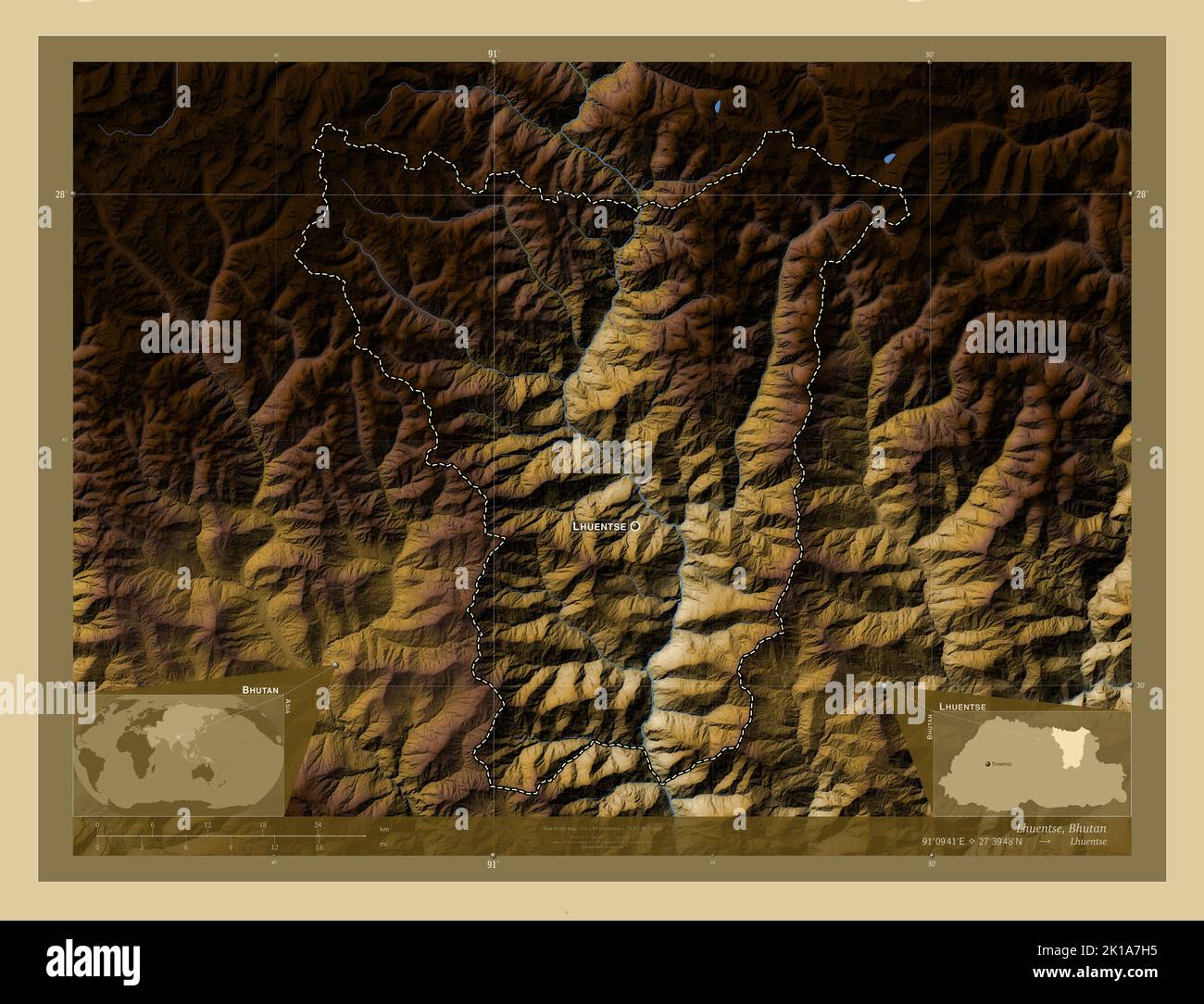 Lhuentse, district of Bhutan. Colored elevation map with lakes and ...