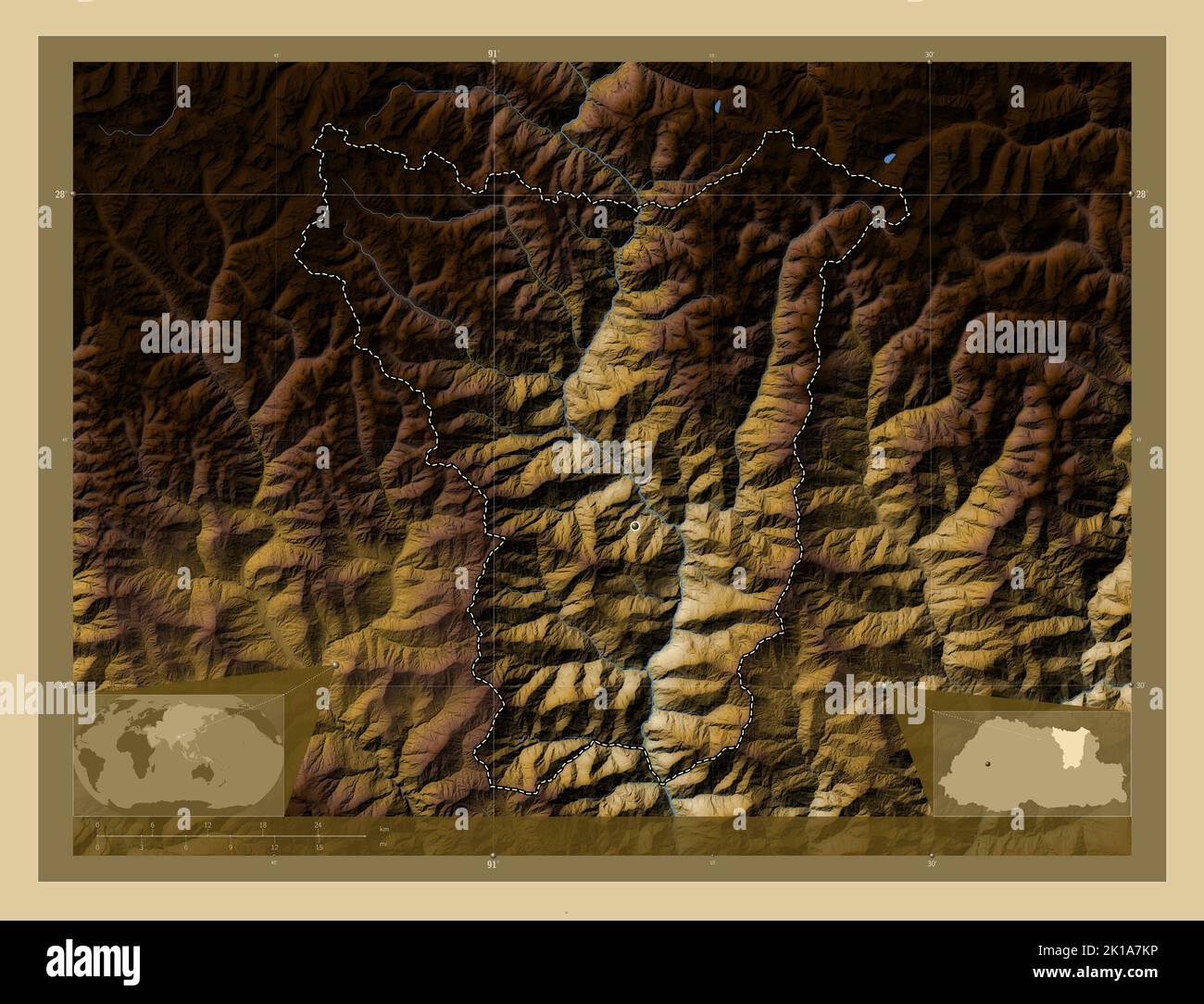 Lhuentse, district of Bhutan. Colored elevation map with lakes and ...
