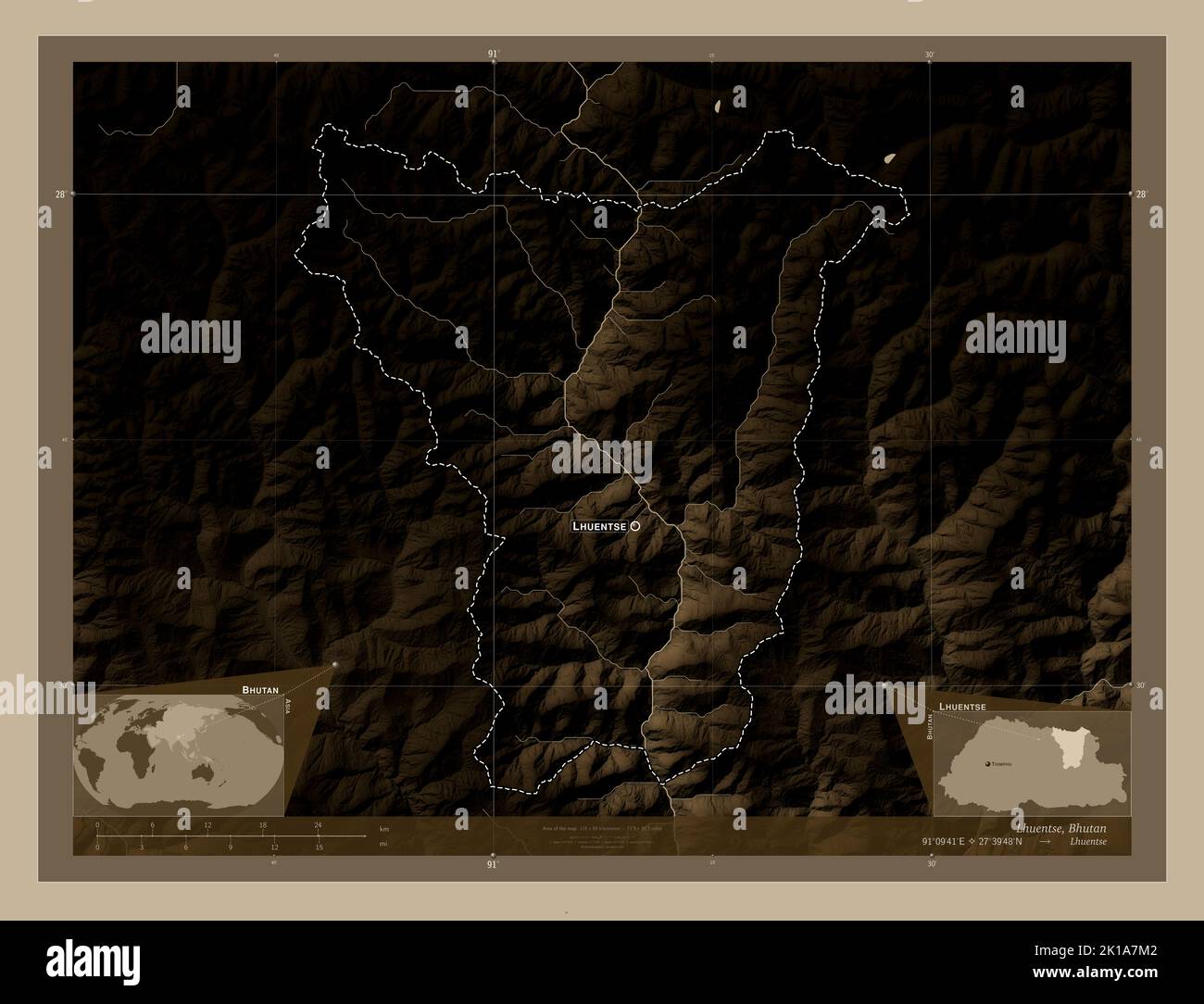 Lhuentse, district of Bhutan. Elevation map colored in sepia tones with ...