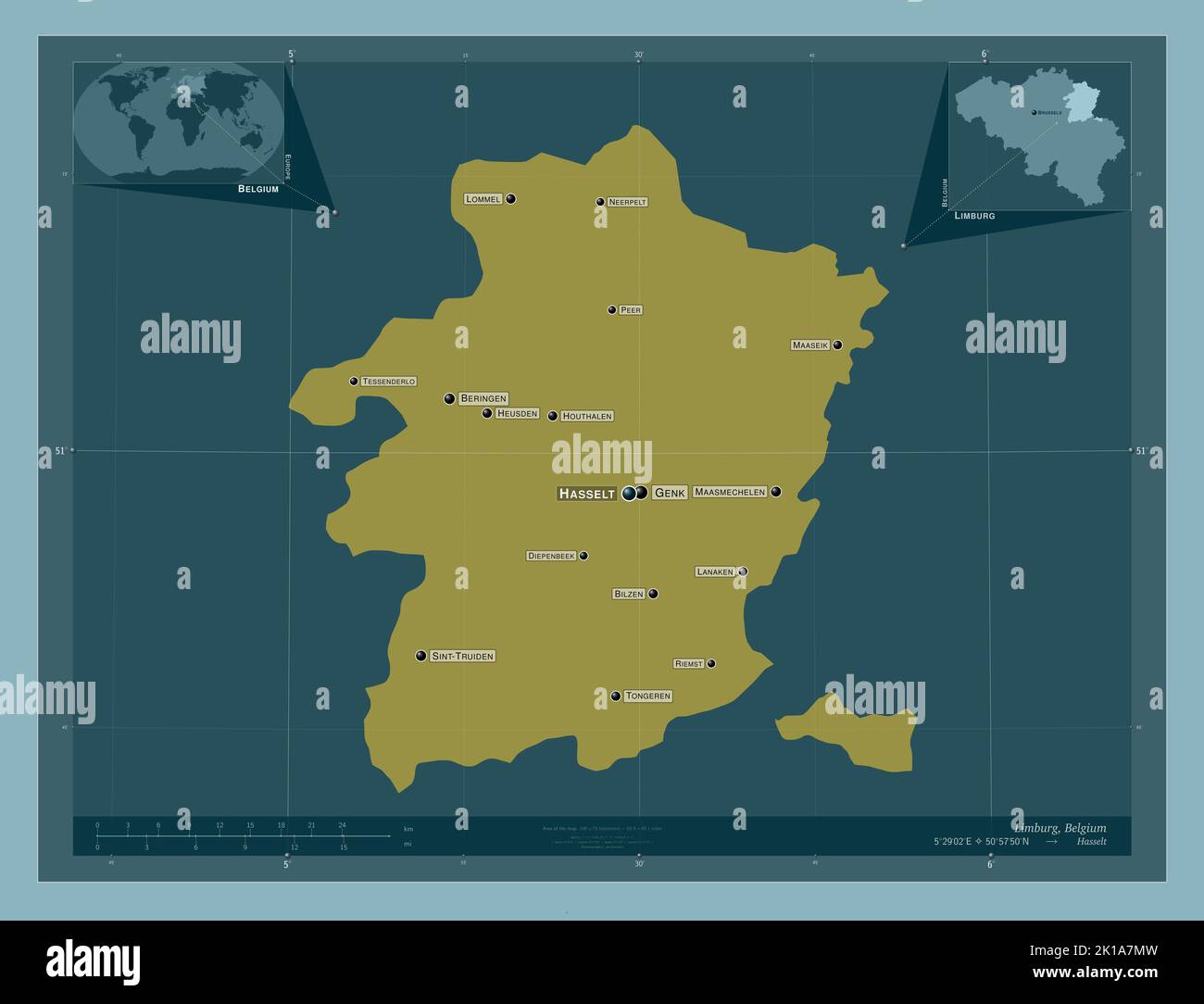 Limburg, province of Belgium. Solid color shape. Locations and names of ...