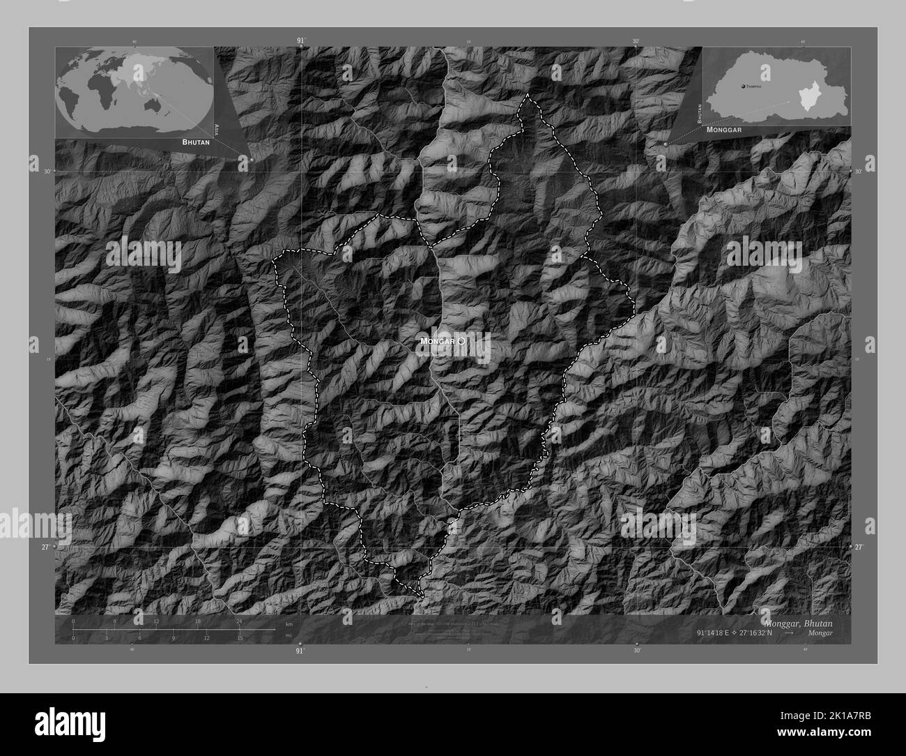 Monggar, district of Bhutan. Grayscale elevation map with lakes and rivers. Locations and names ...