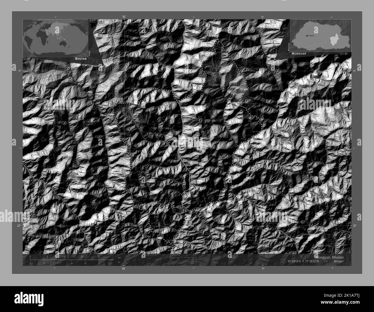 Monggar, district of Bhutan. Bilevel elevation map with lakes and ...