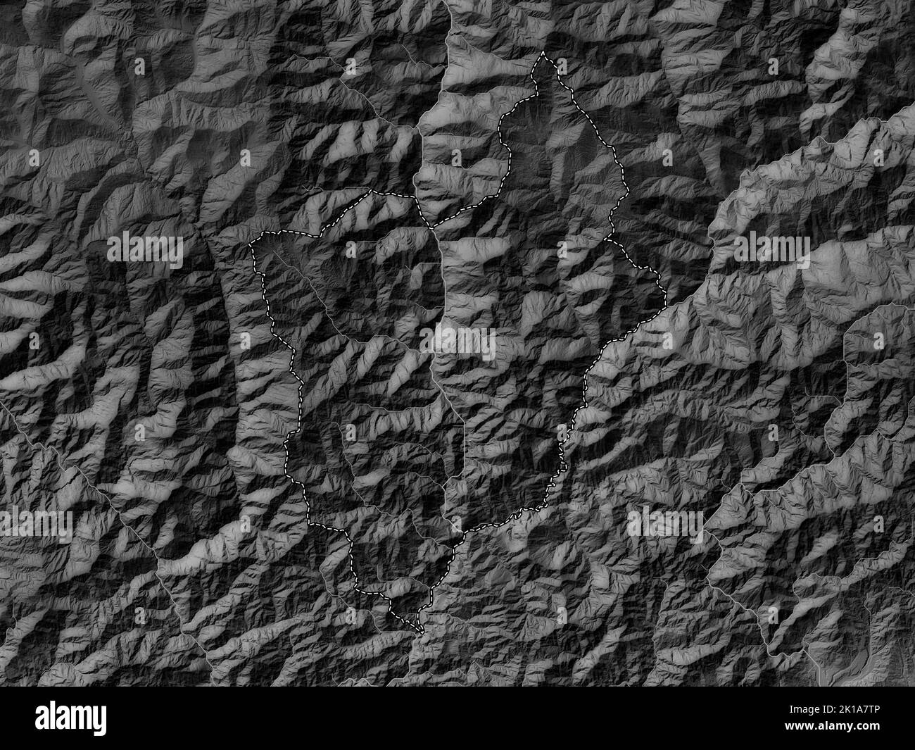 Monggar, district of Bhutan. Grayscale elevation map with lakes and ...