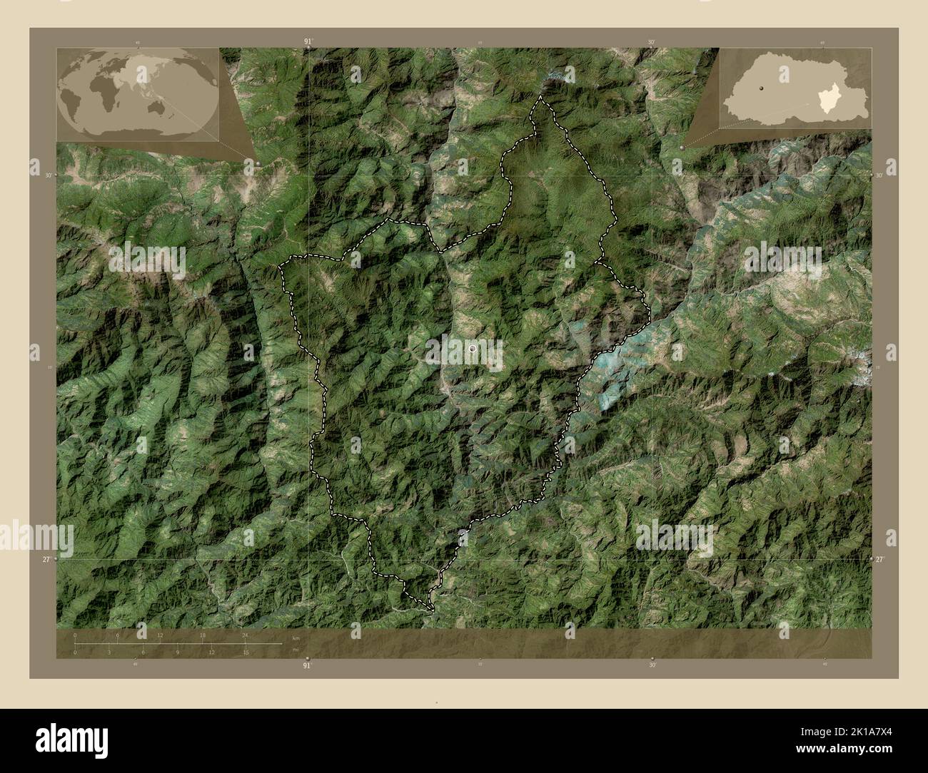 Monggar, district of Bhutan. High resolution satellite map. Locations ...