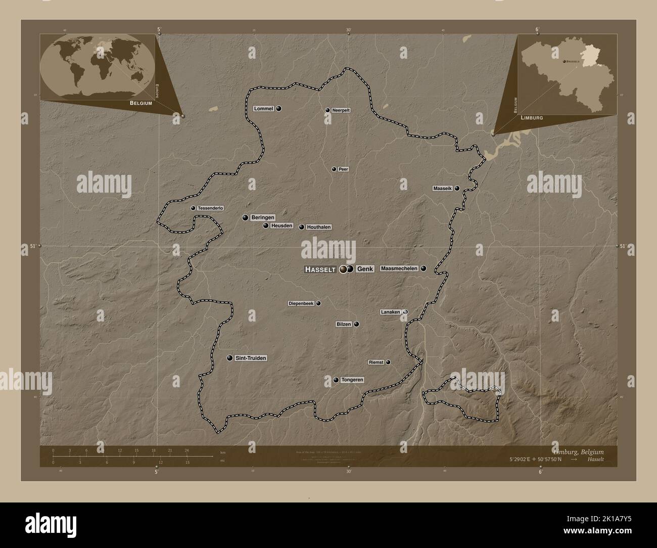 Limburg, province of Belgium. Elevation map colored in sepia tones with ...