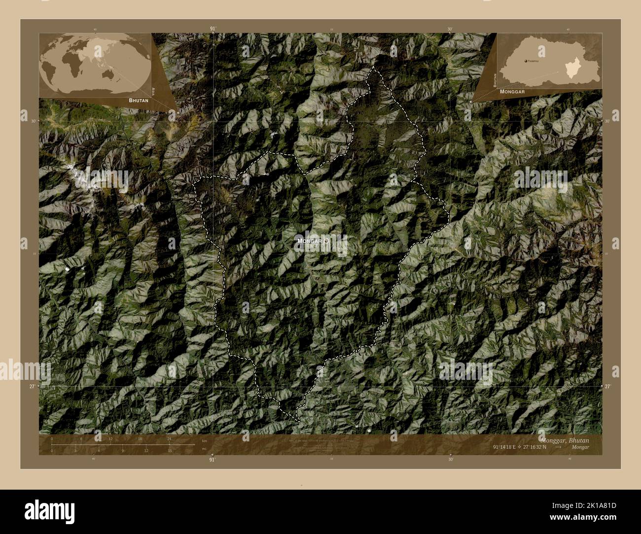 Monggar, district of Bhutan. Low resolution satellite map. Locations ...