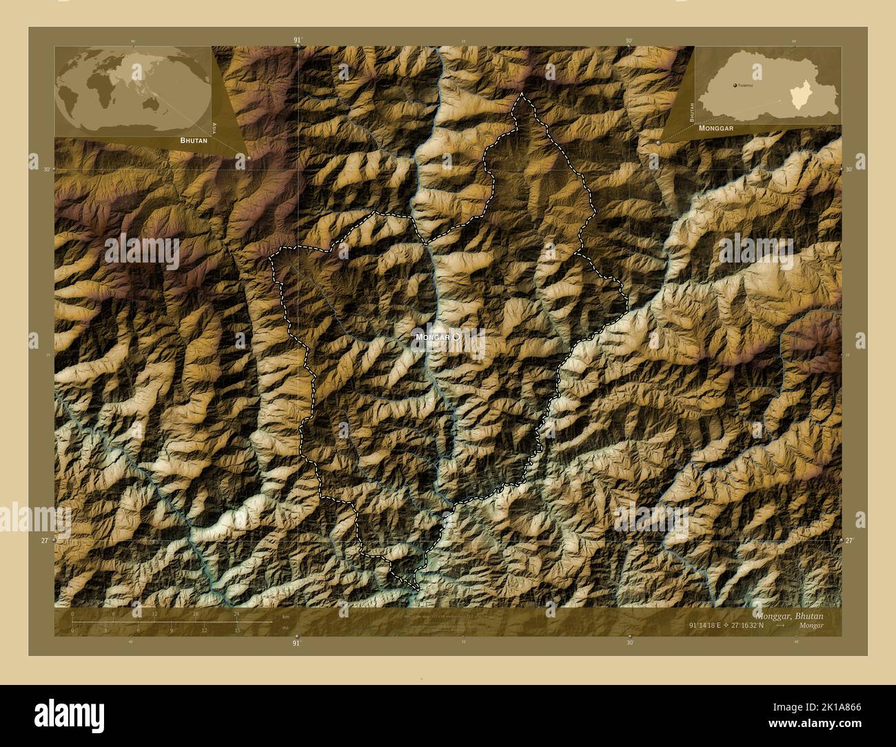 Monggar, district of Bhutan. Colored elevation map with lakes and ...