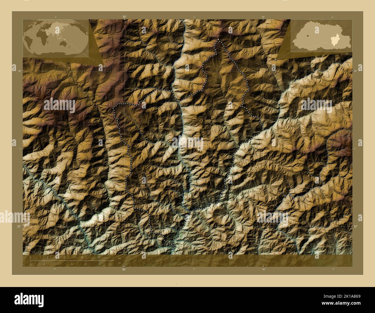 Monggar, district of Bhutan. Colored elevation map with lakes and ...