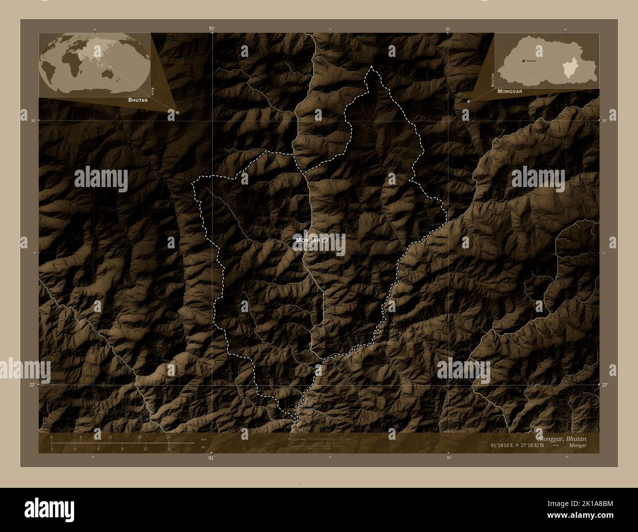Monggar, district of Bhutan. Elevation map colored in sepia tones with ...