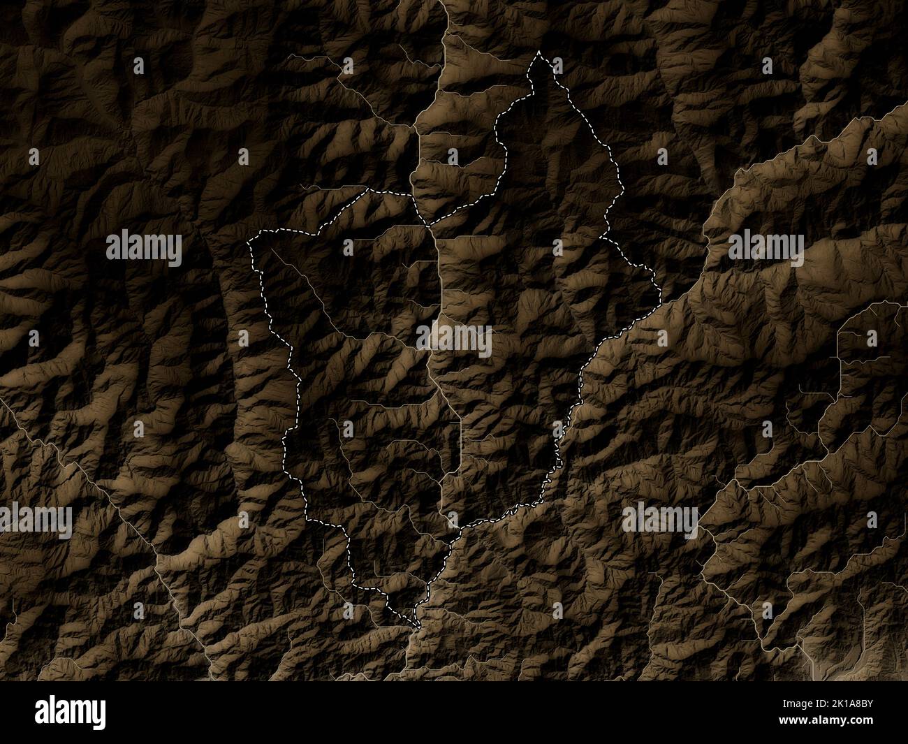 Monggar, district of Bhutan. Elevation map colored in sepia tones with ...