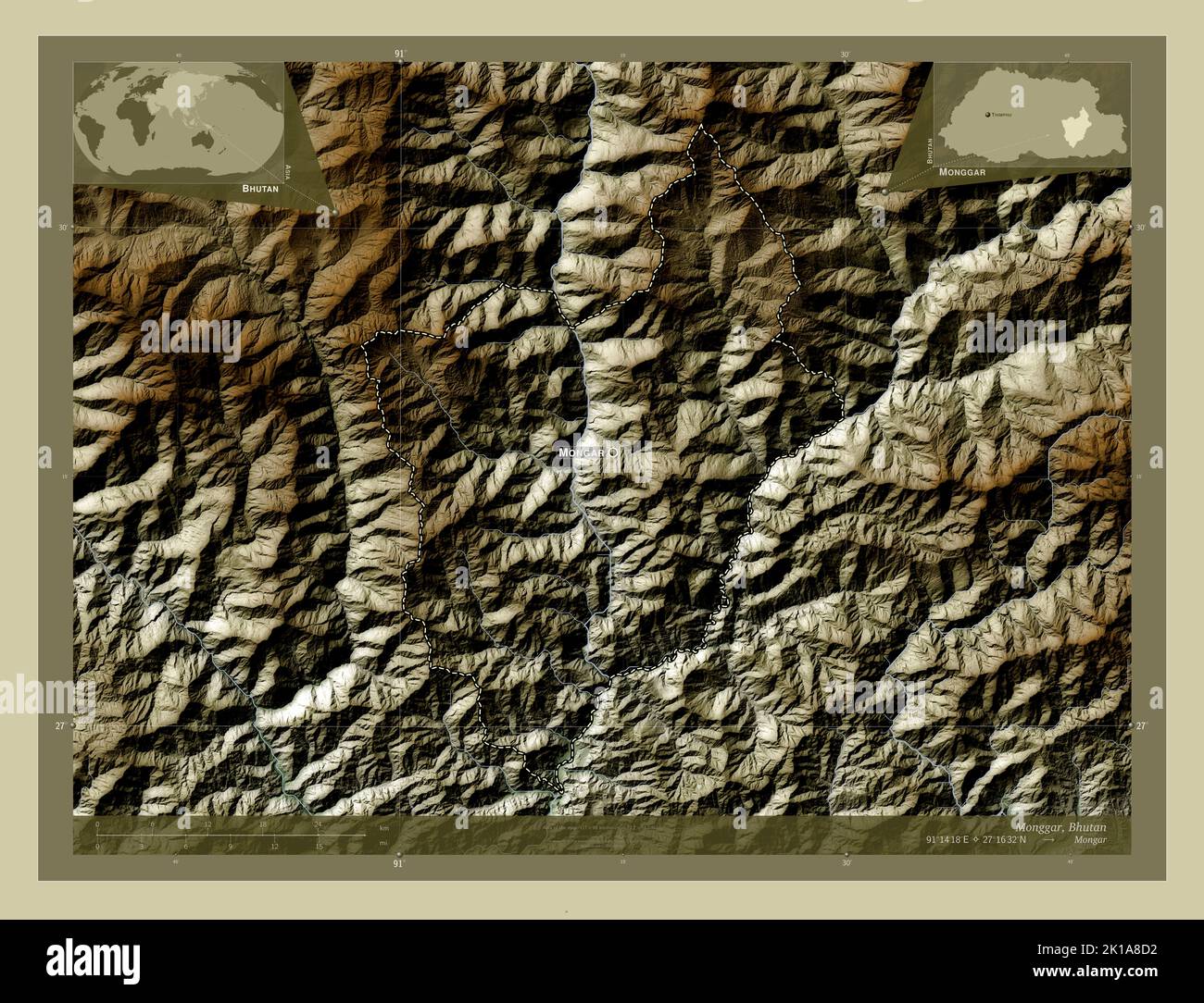Monggar, district of Bhutan. Elevation map colored in wiki style with lakes and rivers ...