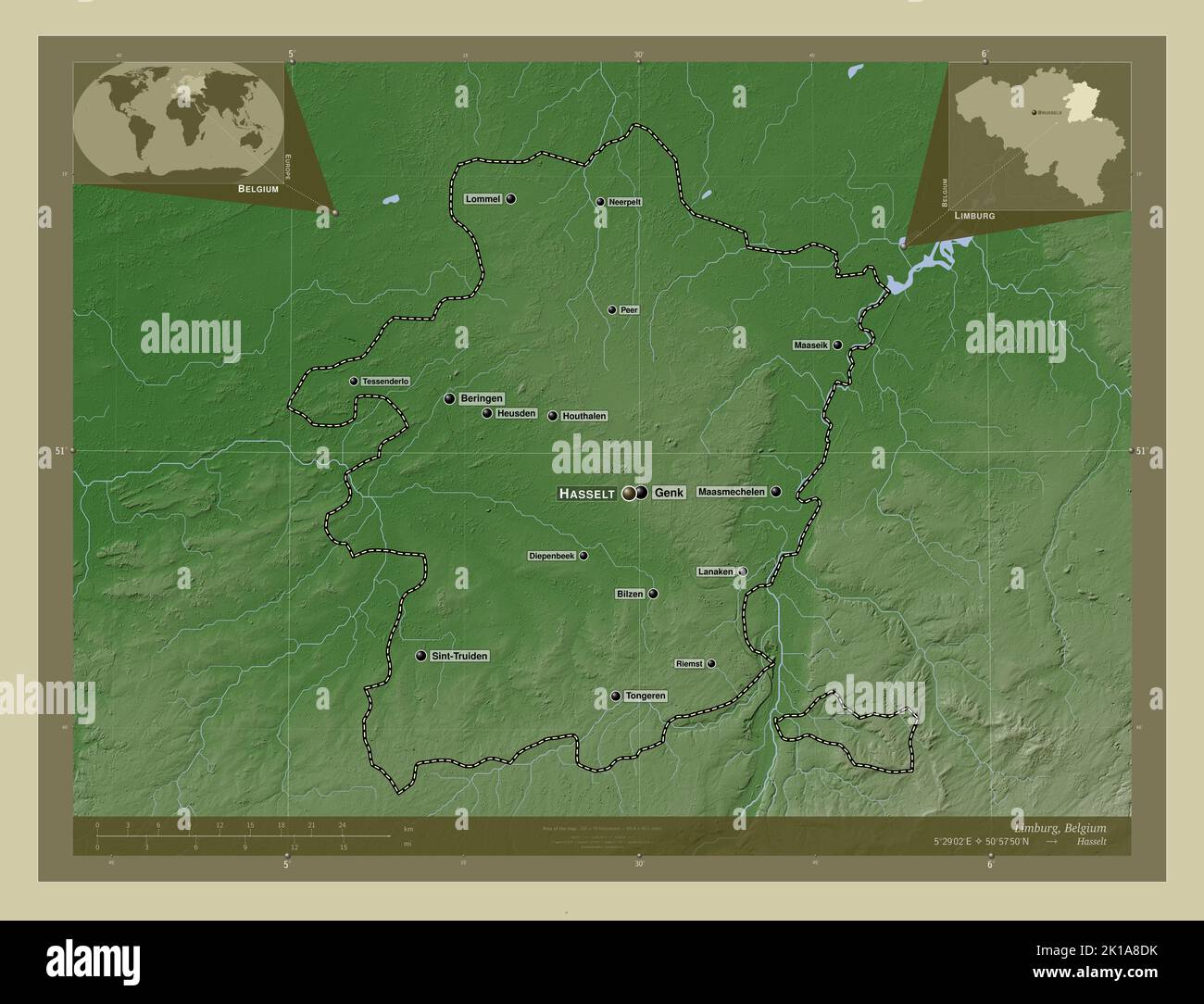 Limburg, province of Belgium. Elevation map colored in wiki style with ...