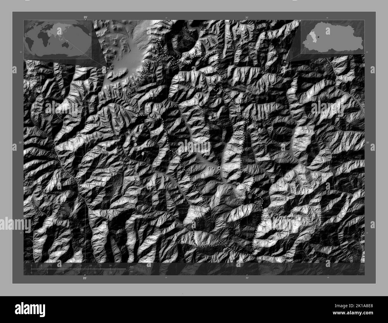 Paro, district of Bhutan. Bilevel elevation map with lakes and rivers ...