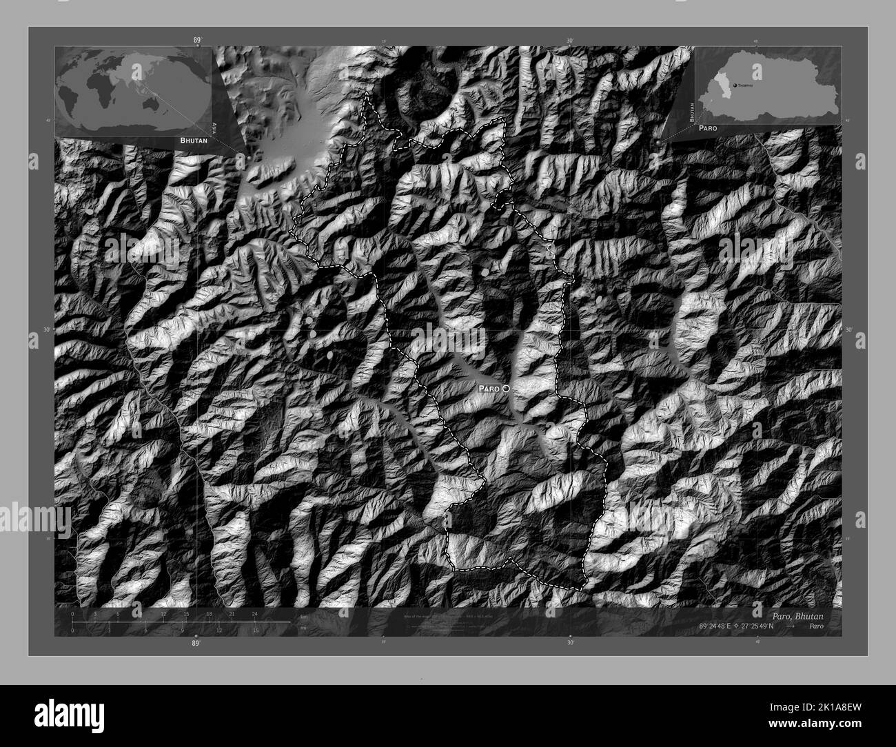 Paro, district of Bhutan. Bilevel elevation map with lakes and rivers ...