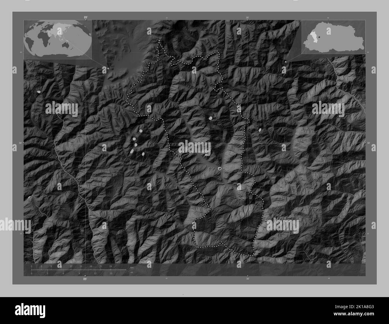 Paro, district of Bhutan. Grayscale elevation map with lakes and rivers ...